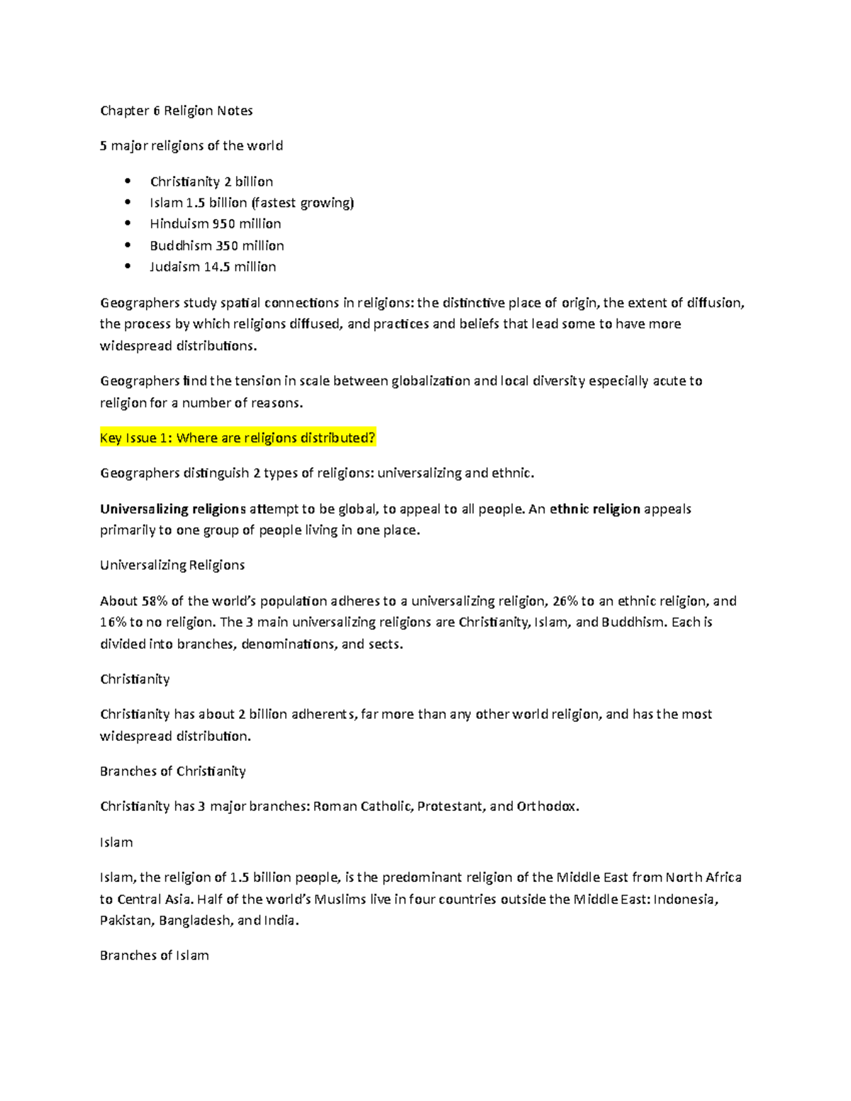 329824516 Chapter 6 Religion Notes - Chapter 6 Religion Notes 5 major ...