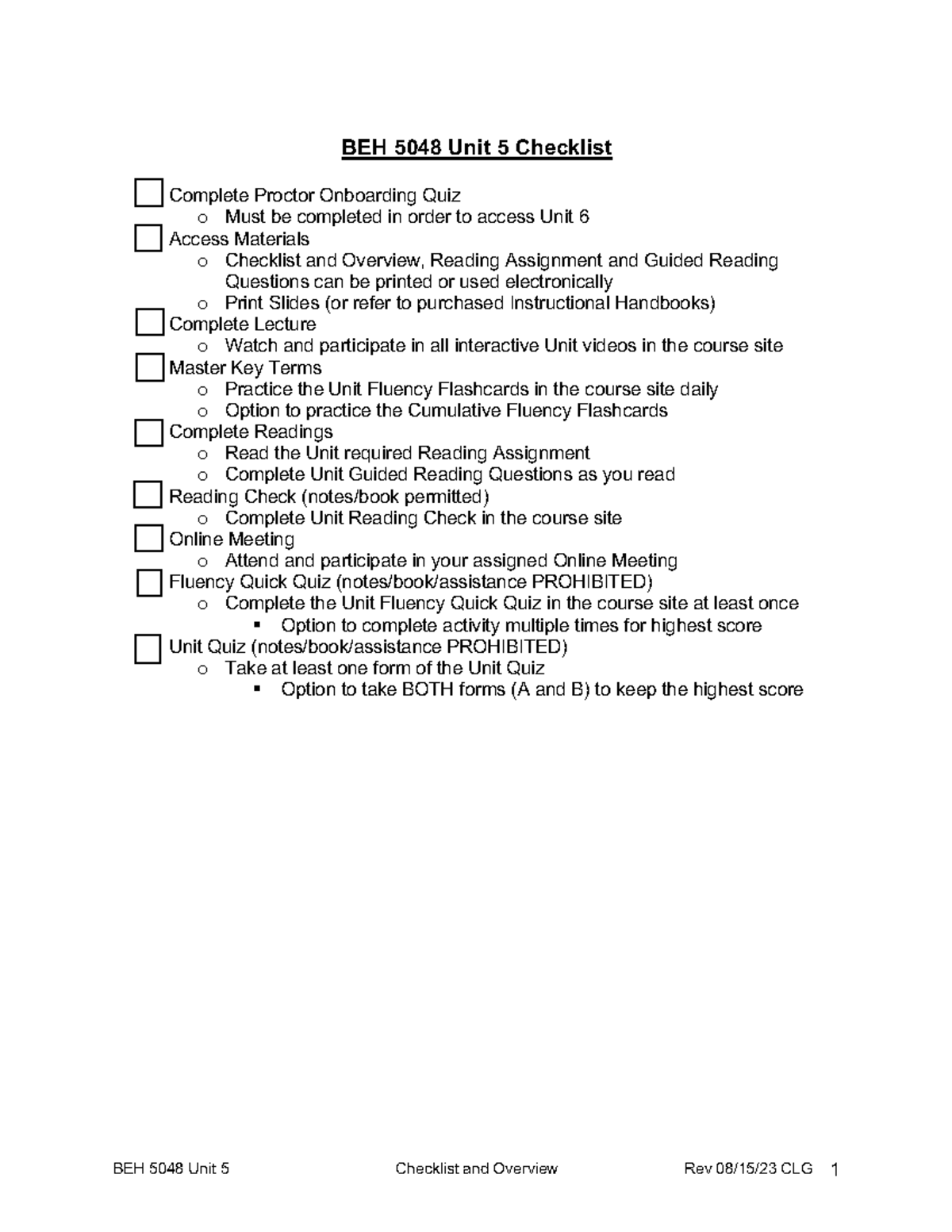 BEH 5048 Unit 5 Checklist and Overview - BEH 5048 Unit 5 Checklist o ...