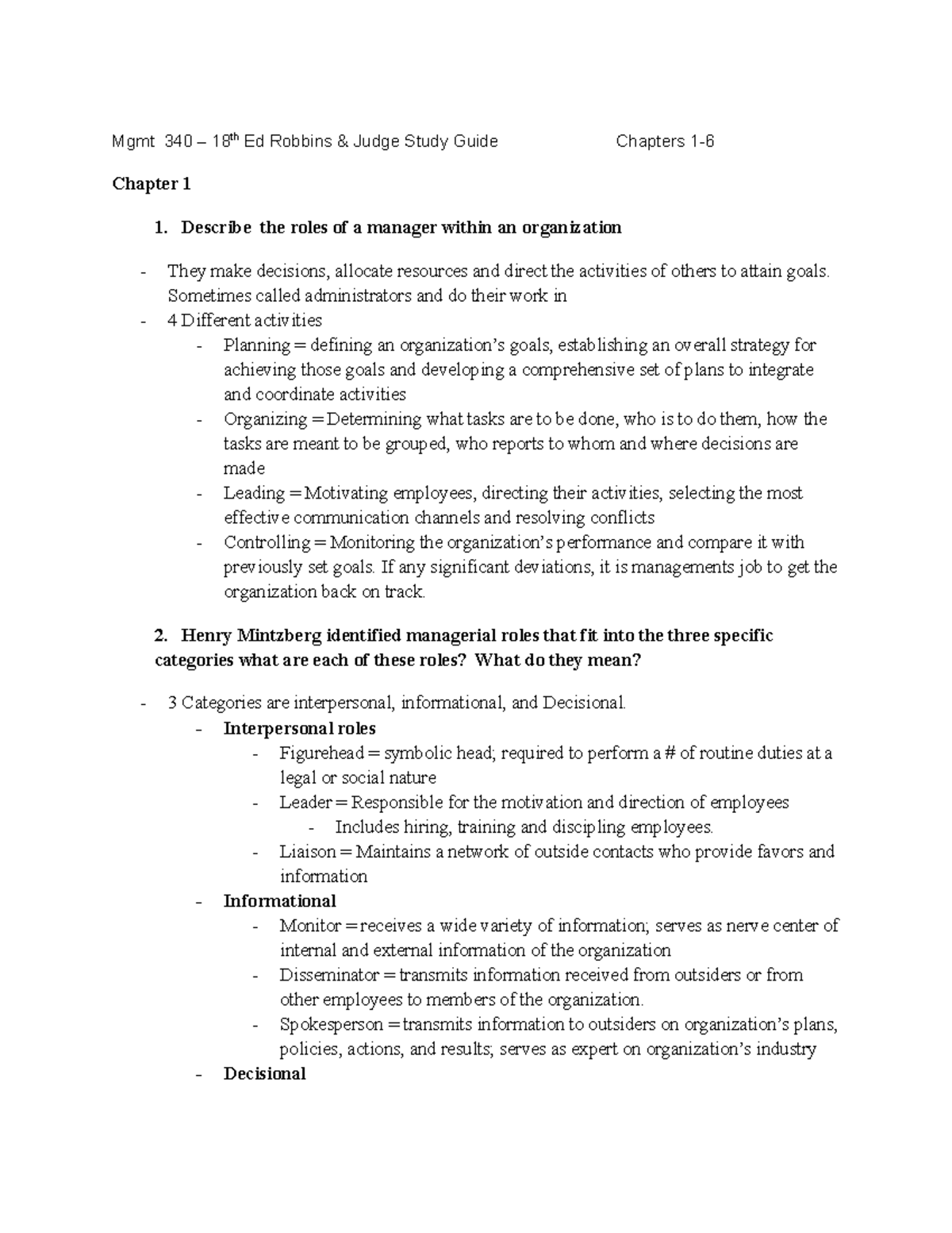 MGMT 340 Study Guide #1 (Chap 1-6) - Mgmt 340 – 18thEd Robbins & Judge ...