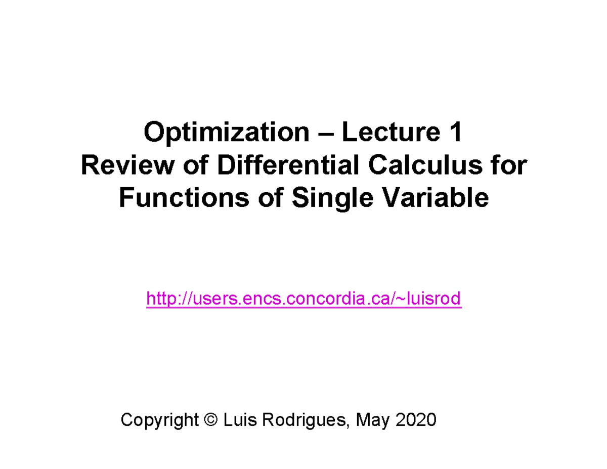 Optimization Lecture 1 - Optimization – Lecture 1 Review of ...