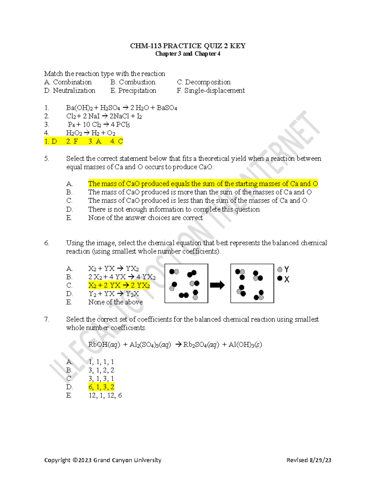 CHM113 Practice Quiz-2 KEY - CHM-113 PRACTICE QUIZ 2 KEY Chapter 3 and ...
