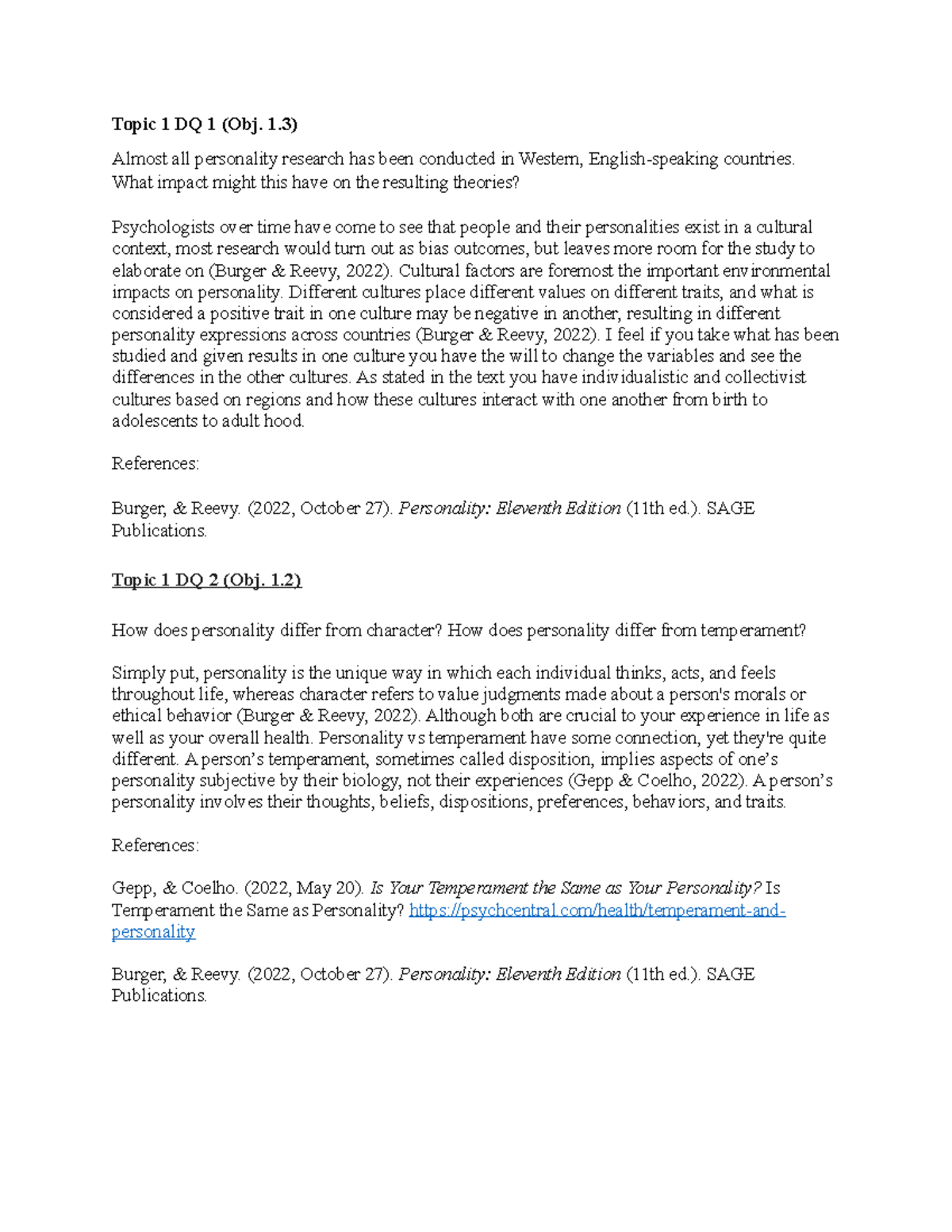 PSY-255 Personality Psychology - Topic 1 DQ 1 (Obj. 1) Almost all ...