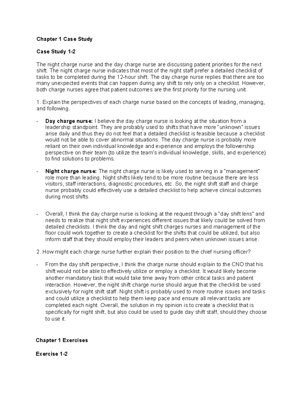 Nursing Leadership Ch 1 Activity - Chapter 1 Case Study Case Study 1 ...