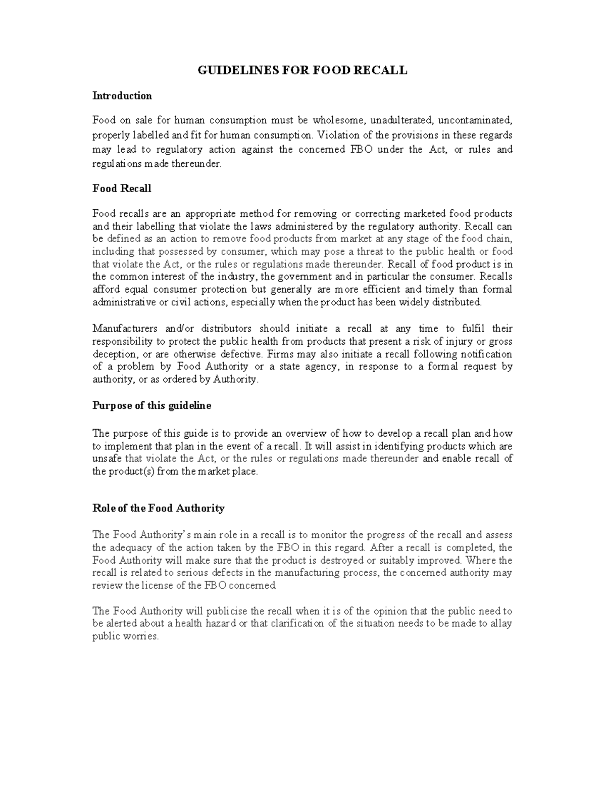 Food Recall Plan and Guidelines - GUIDELINES FOR FOOD RECALL ...