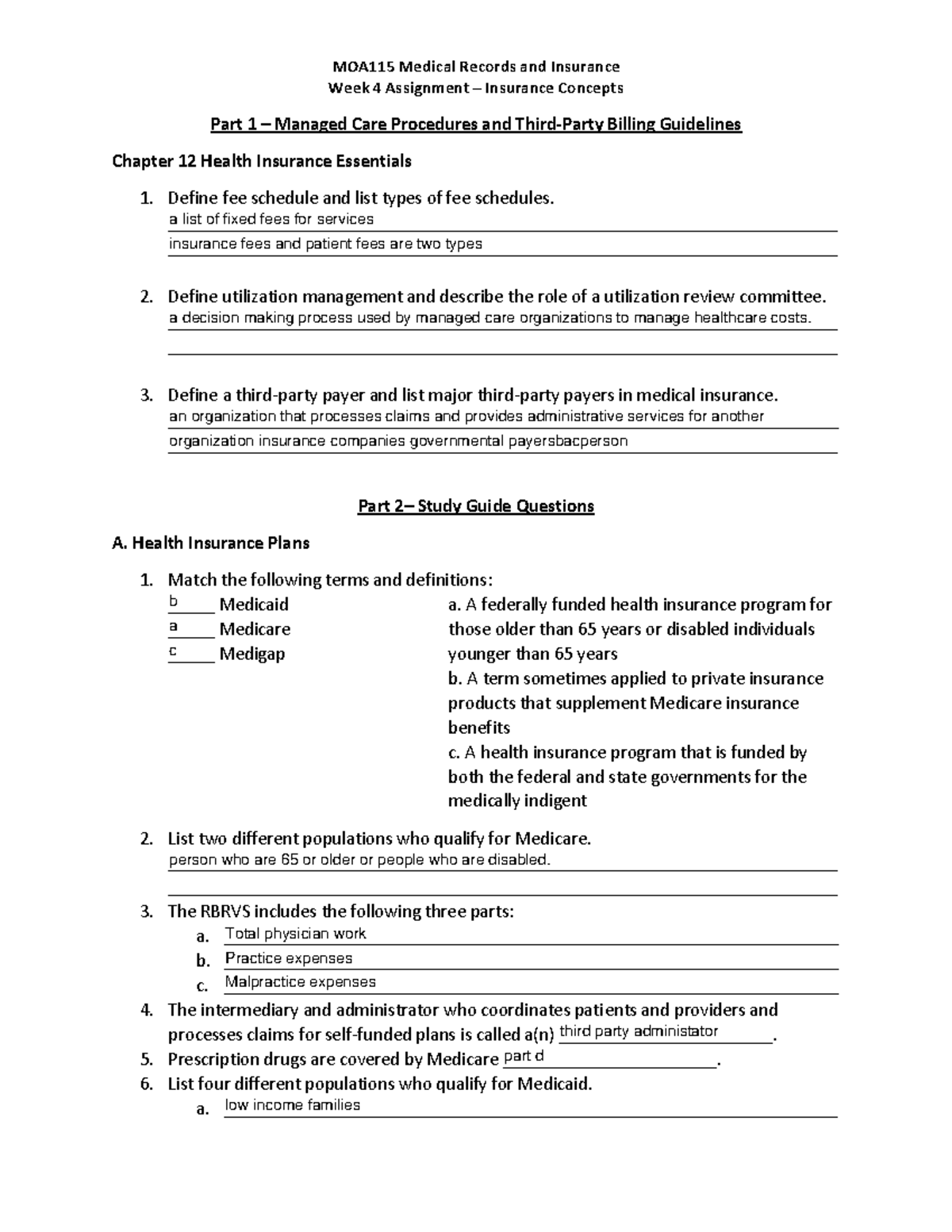 Week 4 Assignment Worksheet - MOA115 Medical Records and Insurance Week ...