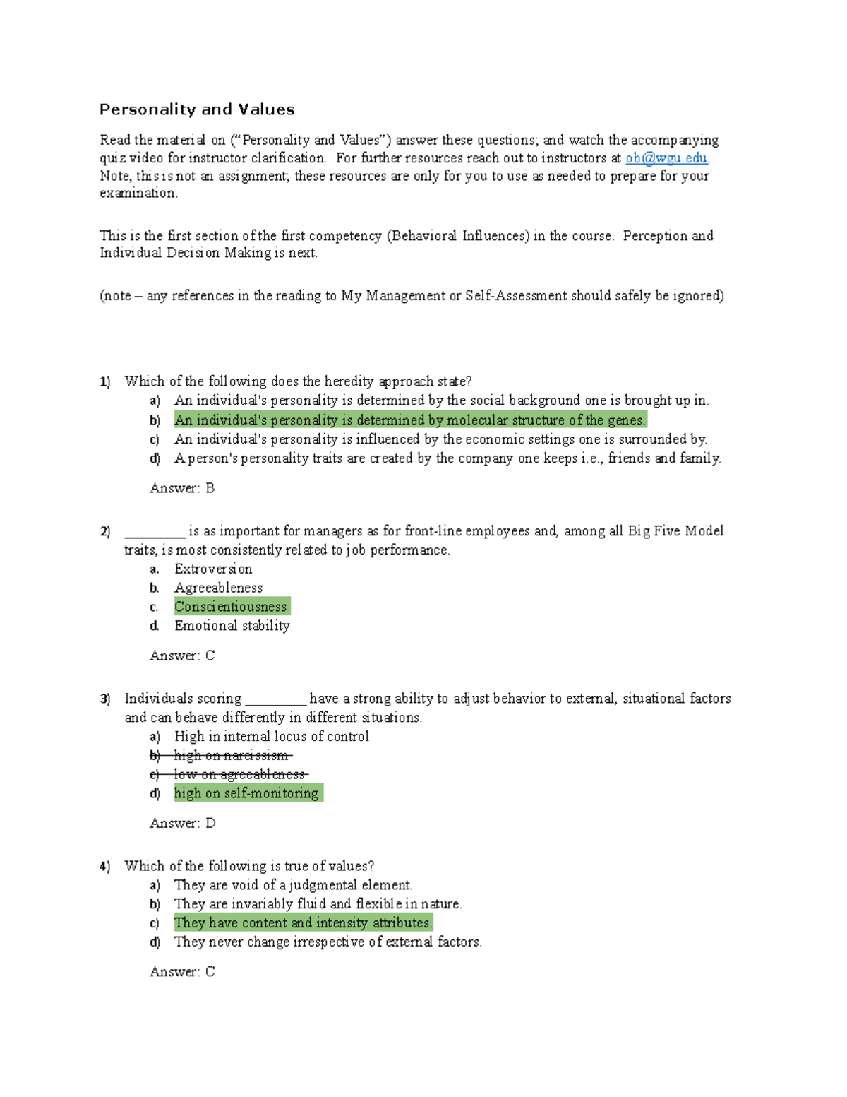 Pesonality and values multiple choice questions - Personality and ...