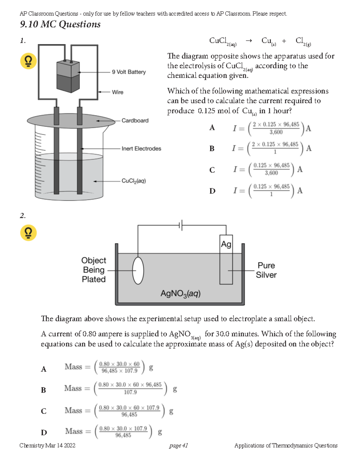 9.10 - Unit 9 Electrochemistry Practice Problems - 9 MC Questions CuCl2 ...