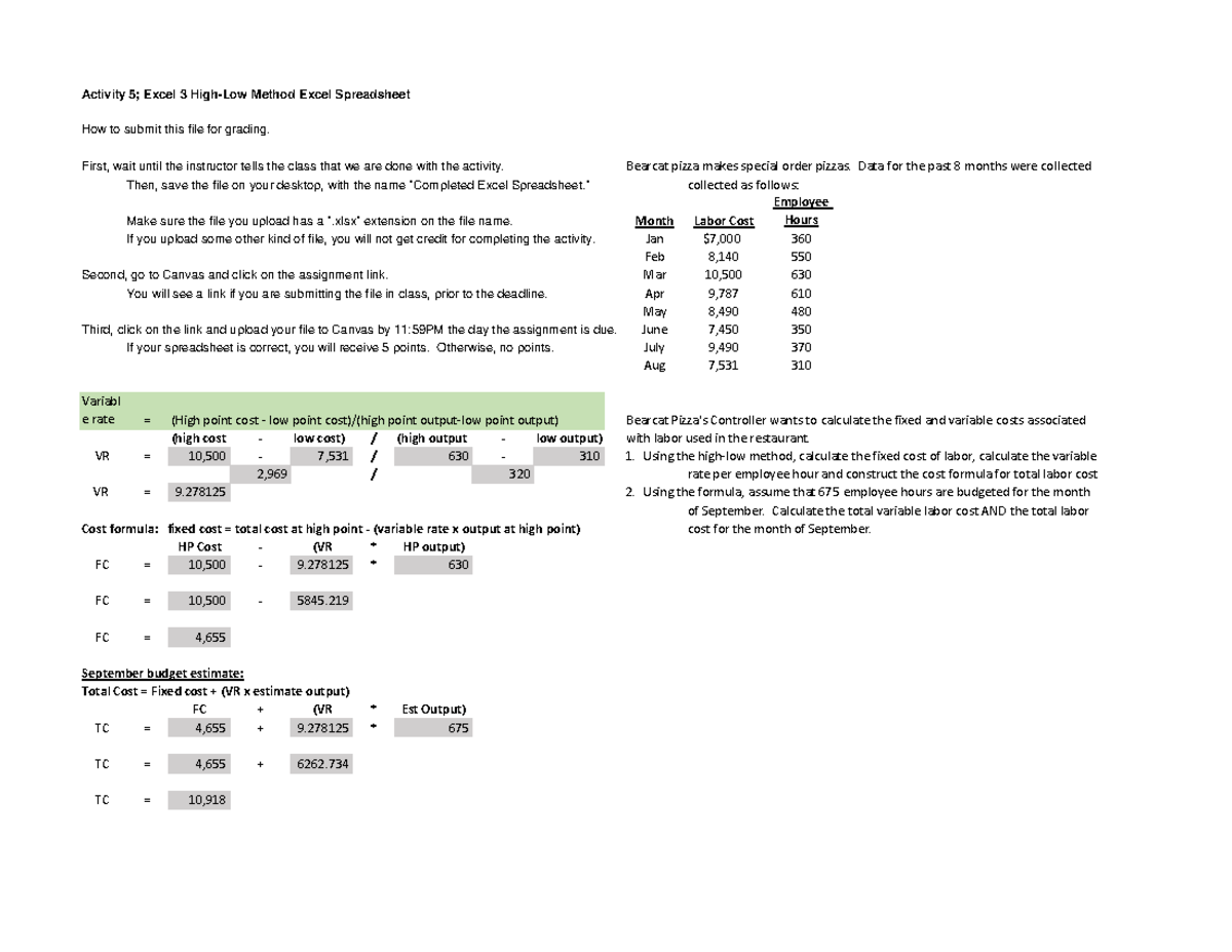 Activity 5 excel 3 high low method-1 - Activity 5; Excel 3 High-Low ...