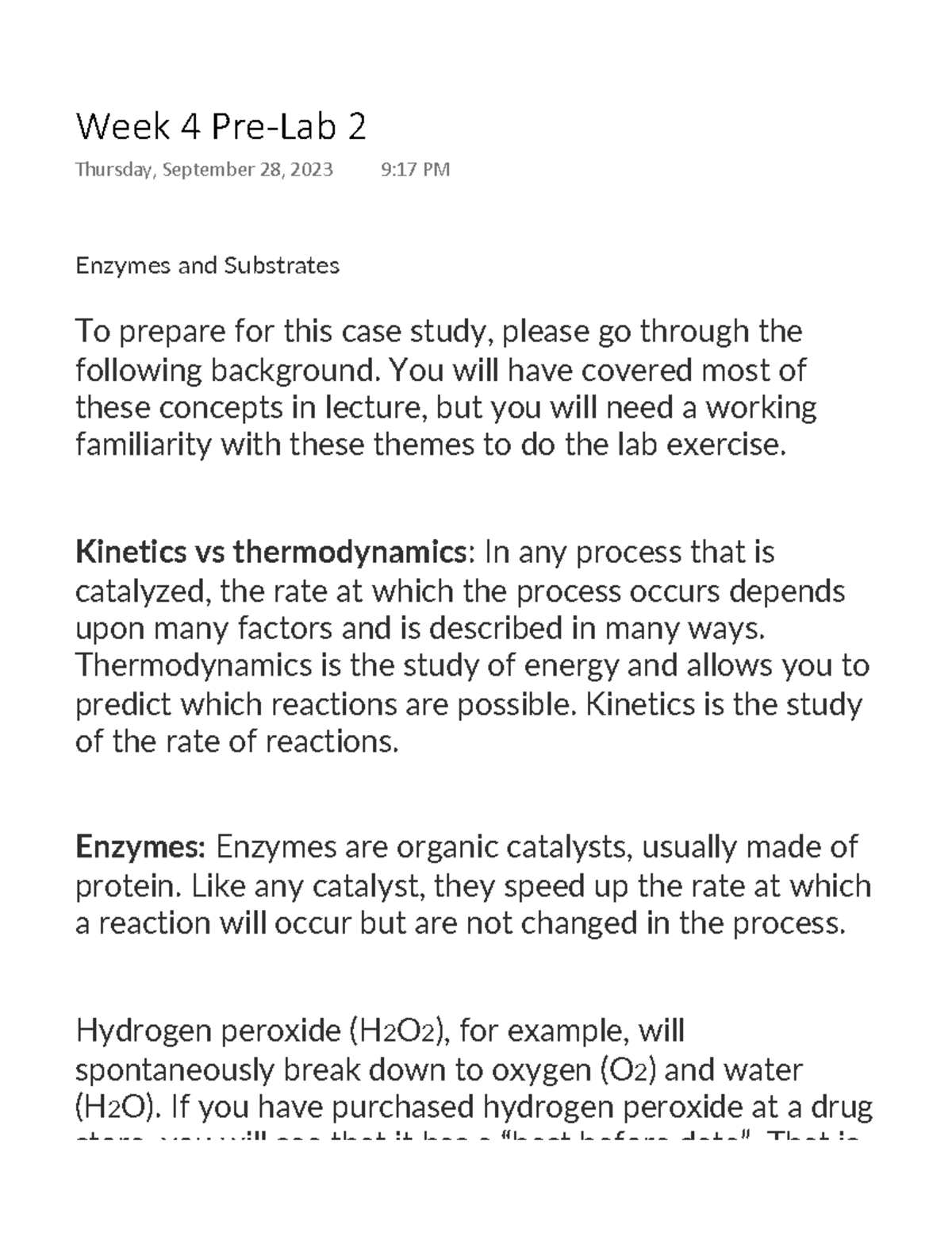 BIOL 102 Week 4 Pre-lab 2 - Enzymes and Substrates To prepare for this ...