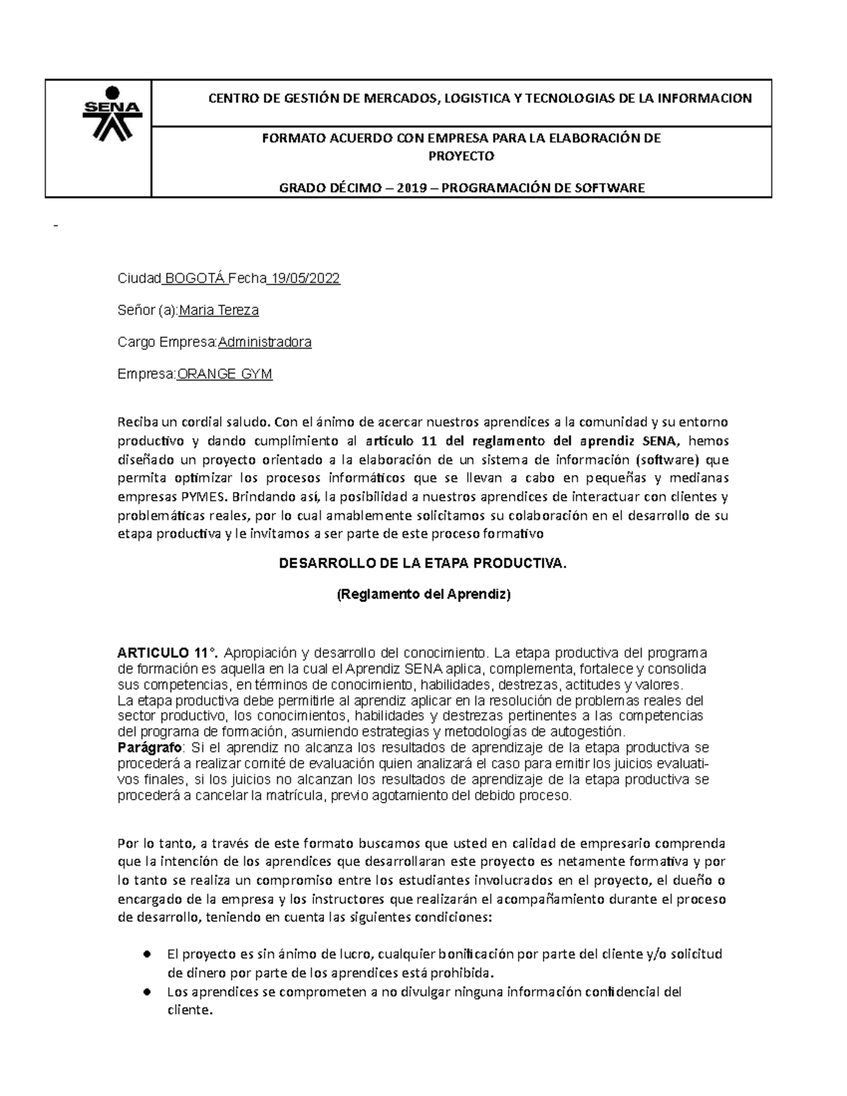 Formato Acuerdo Empresa PSW - FORMATO ACUERDO CON EMPRESA PARA LA ...