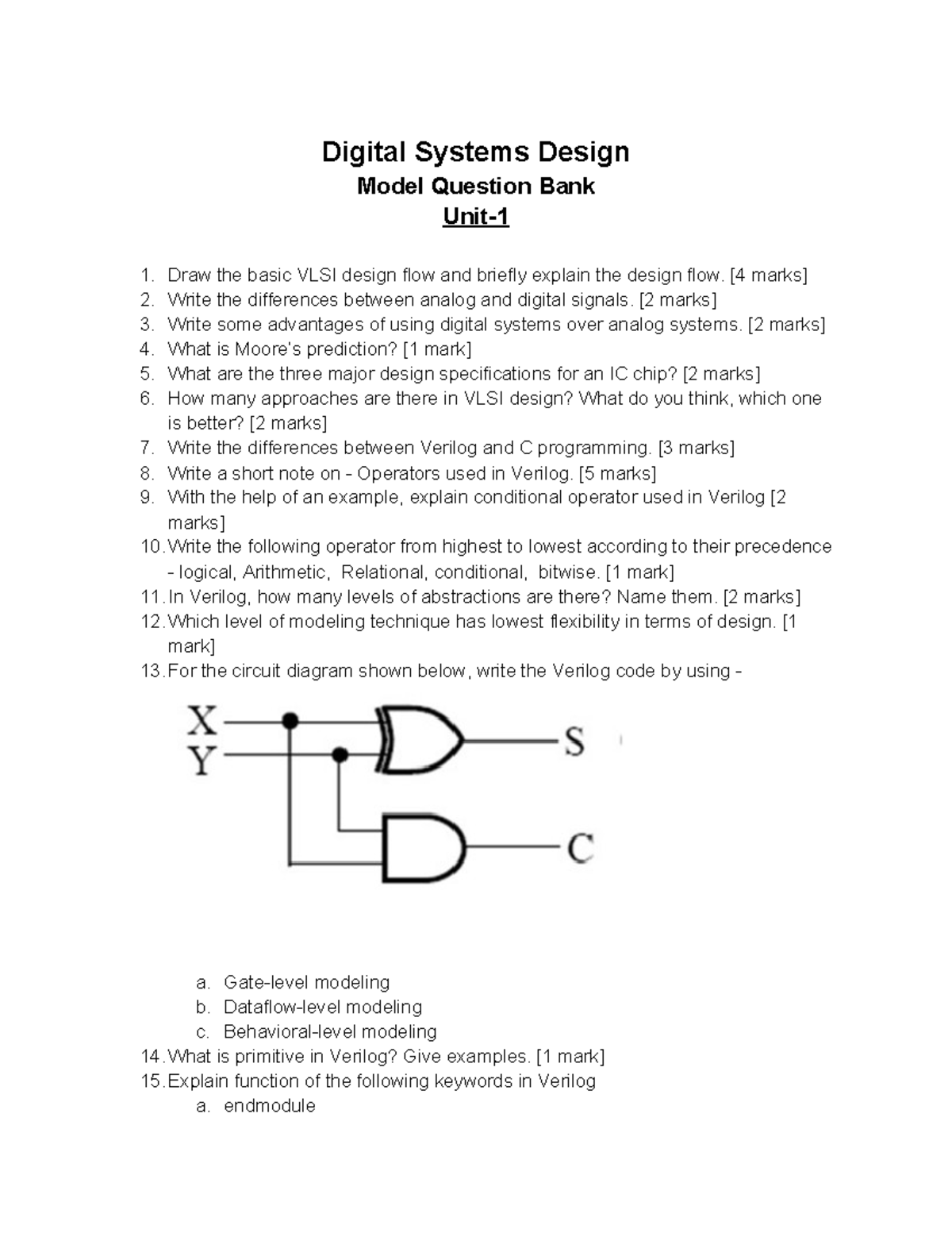 Model Question Bank (Unit-1) - Digital Systems Design Model Question ...