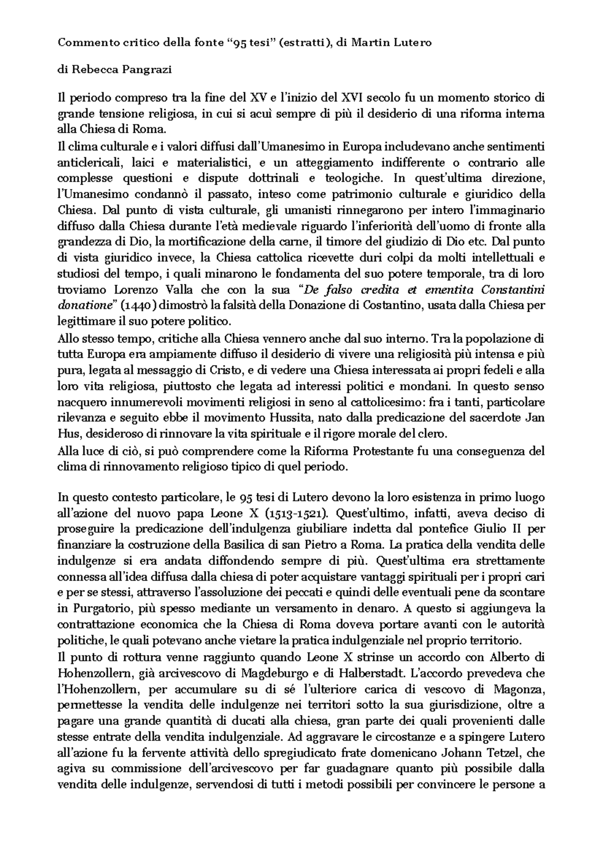 Commento critico 95 tesi Lutero - Commento critico della fonte “95 tesi ...