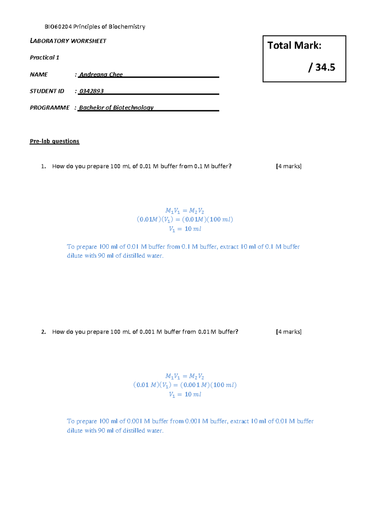 Practical 1 biochem - LABORATORY WORKSHEET Practical 1 NAME : Andreana ...