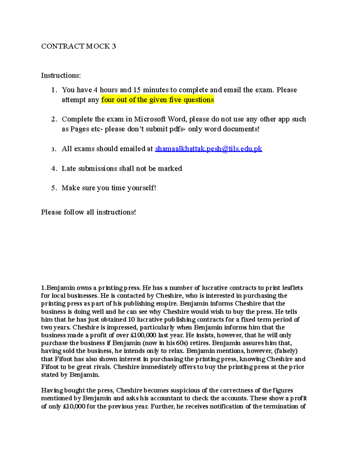 Contract MOCK 3 - CONTRACT MOCK 3 Instructions: 1. You have 4 hours and ...