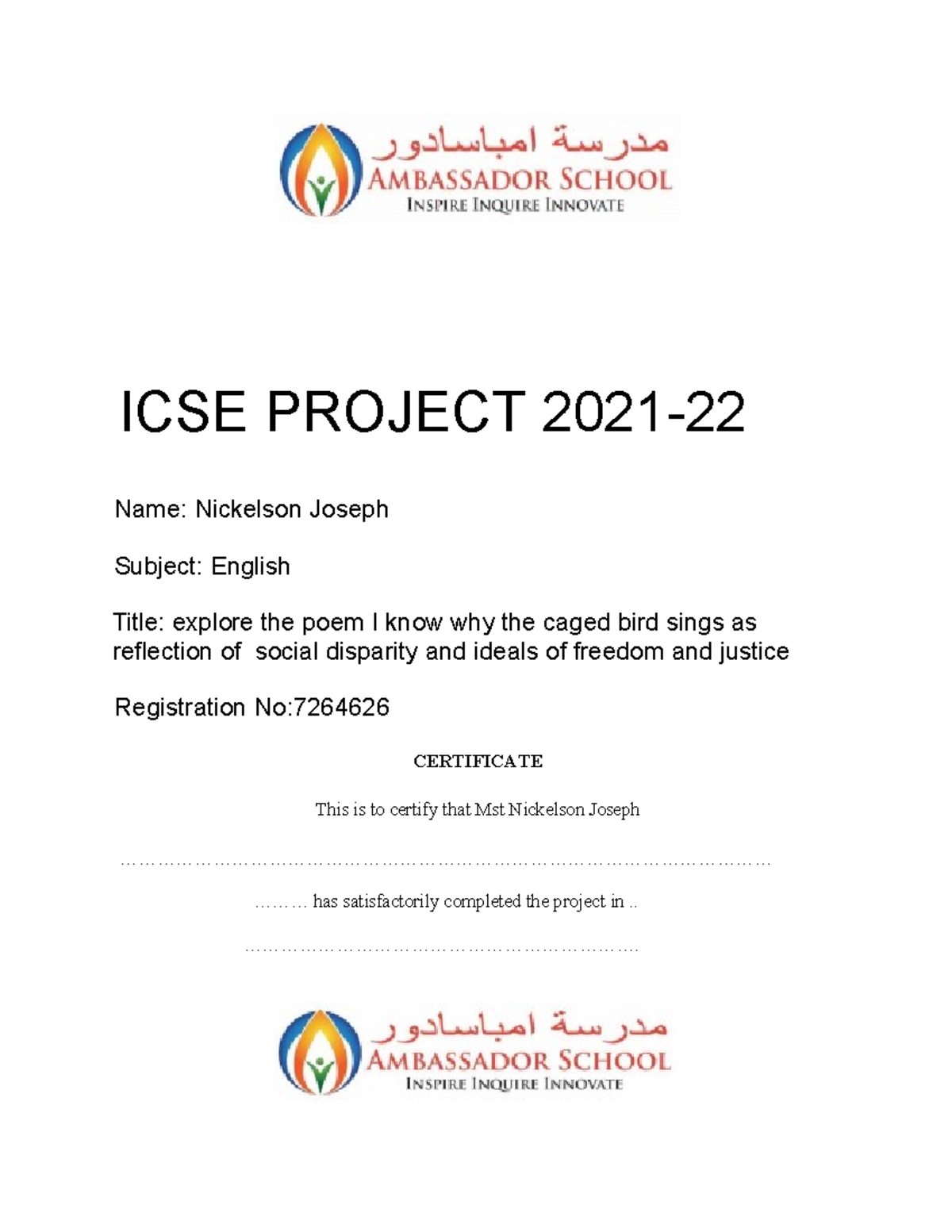 ICSE Project 2021 English - ICSE PROJECT 2021- Name: Nickelson Joseph ...