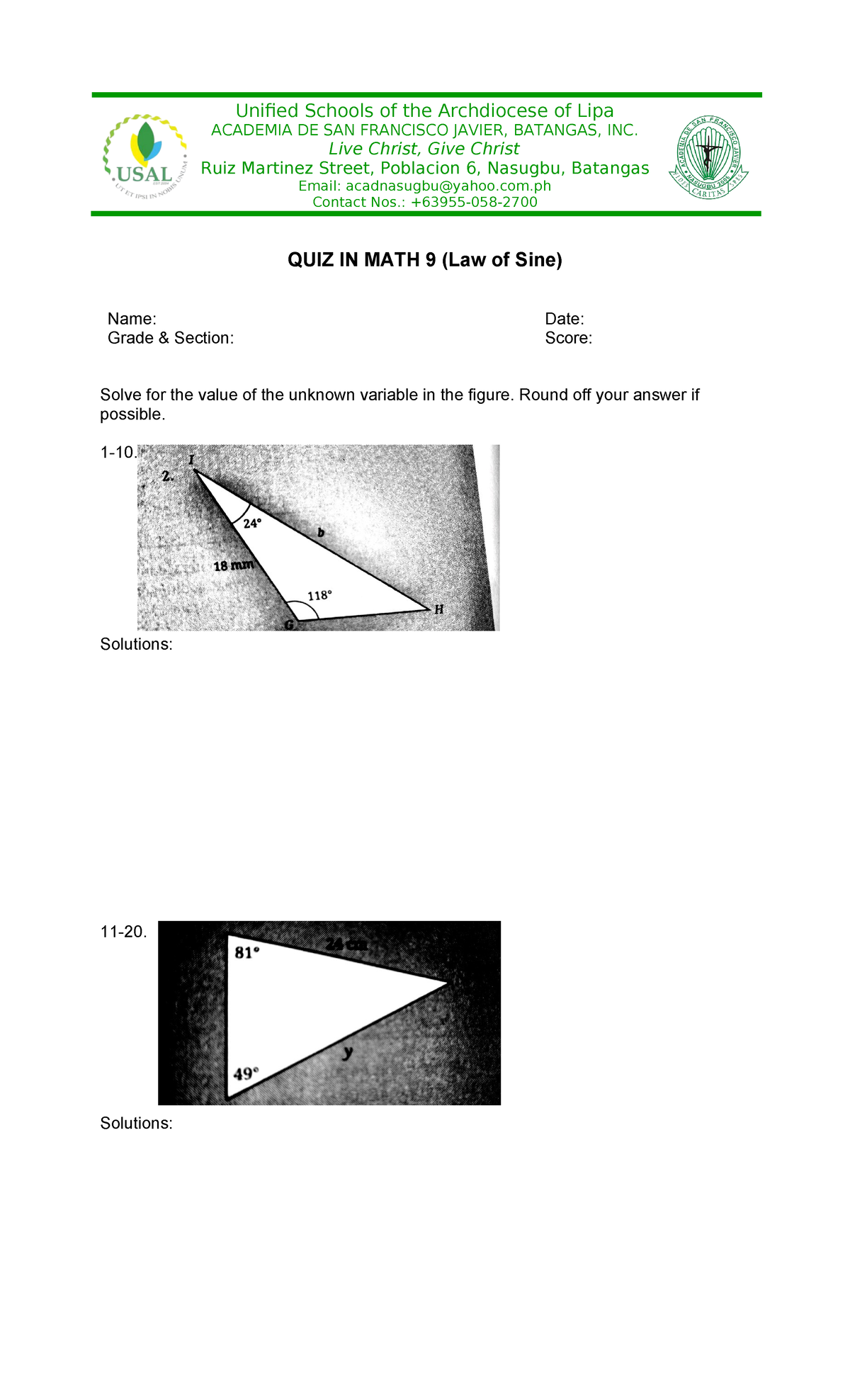 Law of Sine Math 9 - BSED-Math - Unified Schools of the Archdiocese of ...