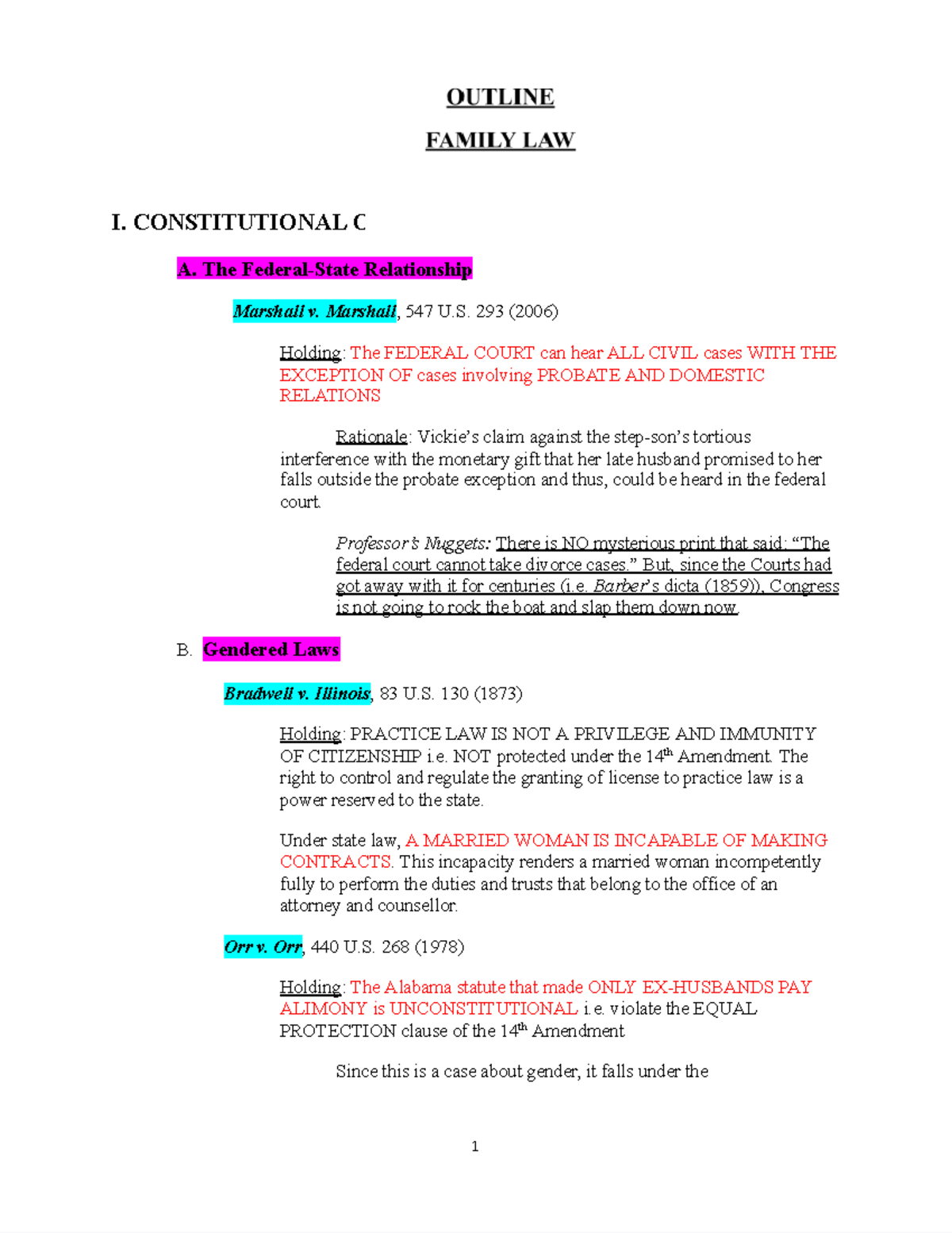 Family Law Outline - I. CONSTITUTIONAL OVERVIEW A. The Federal-State ...