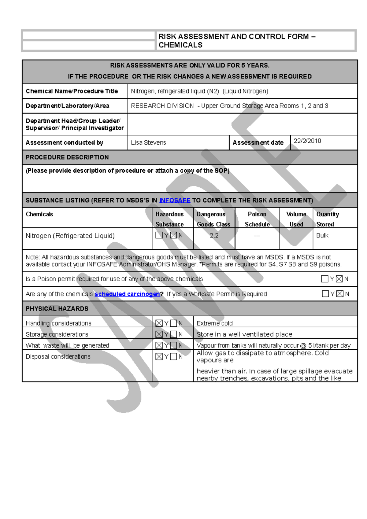 Chemical - liquid nitrogen - RISK ASSESSMENT AND CONTROL FORM ...