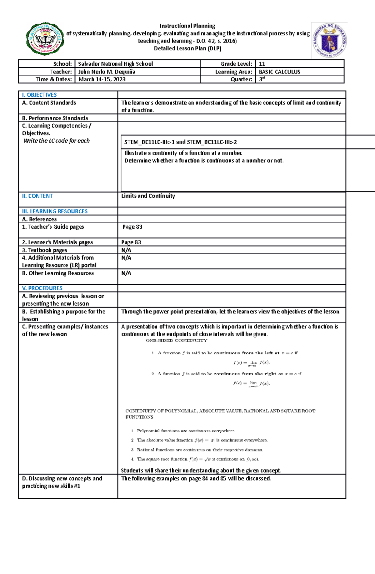 STEM BC11LC-IIIc-1 and STEM BC11LC-IIIc-2 - Instructional Planning (The process of ...