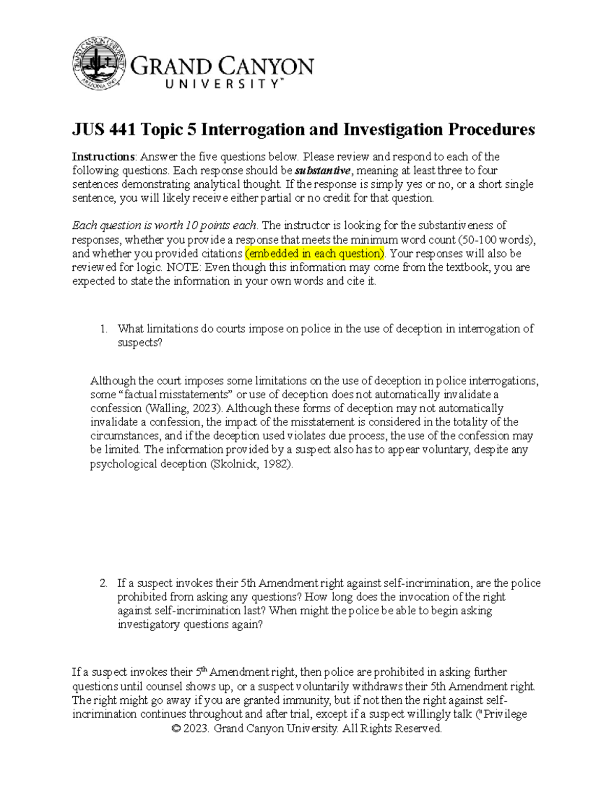 JUS441 Interrogations worksheet - JUS 441 Topic 5 Interrogation and ...