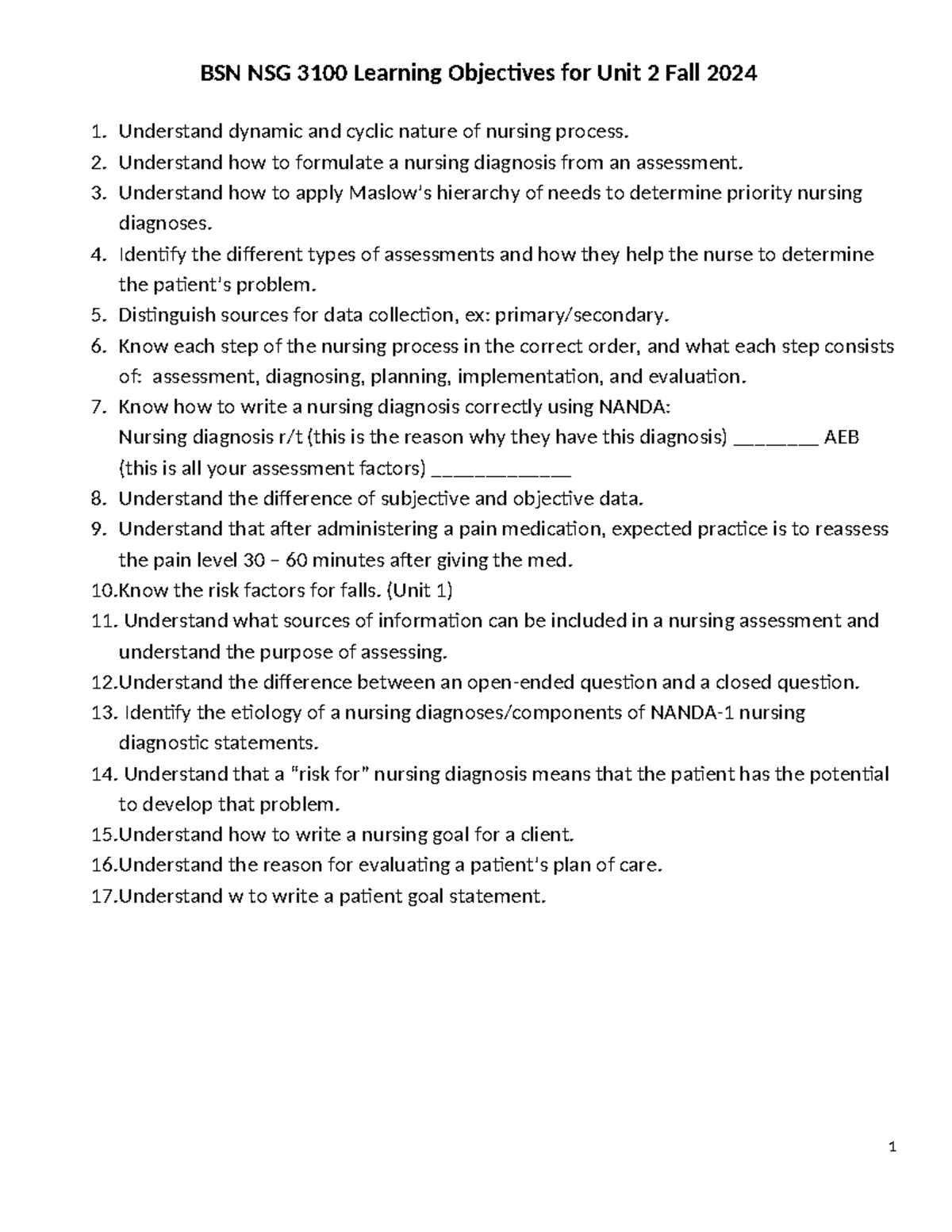 Learning Objectives for Unit 2 Fall 2024 - BSN NSG 3100 Learning ...