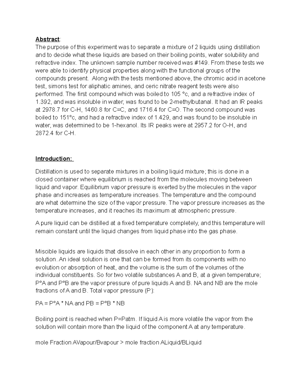 Chem 2204 formal lab - Abstract: The purpose of this experiment was to ...
