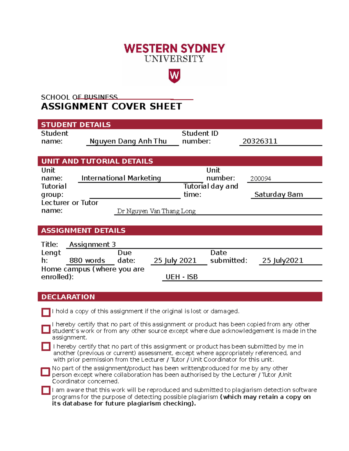 Assignment-3- Export to singapore - SCHOOL OF BUSINESS ASSIGNMENT COVER ...
