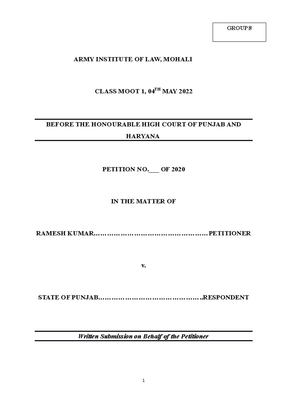 Moot 1 - asddd - ARMY INSTITUTE OF LAW, MOHALI CLASS MOOT 1, 04TH MAY ...