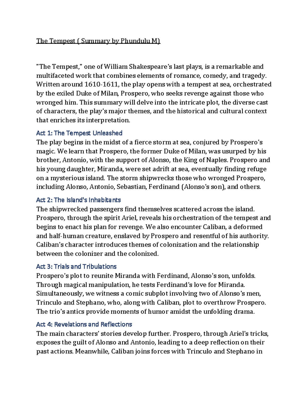 The Tempest Summary - The Tempest ( Summary by Phundulu M) "The Tempest ...