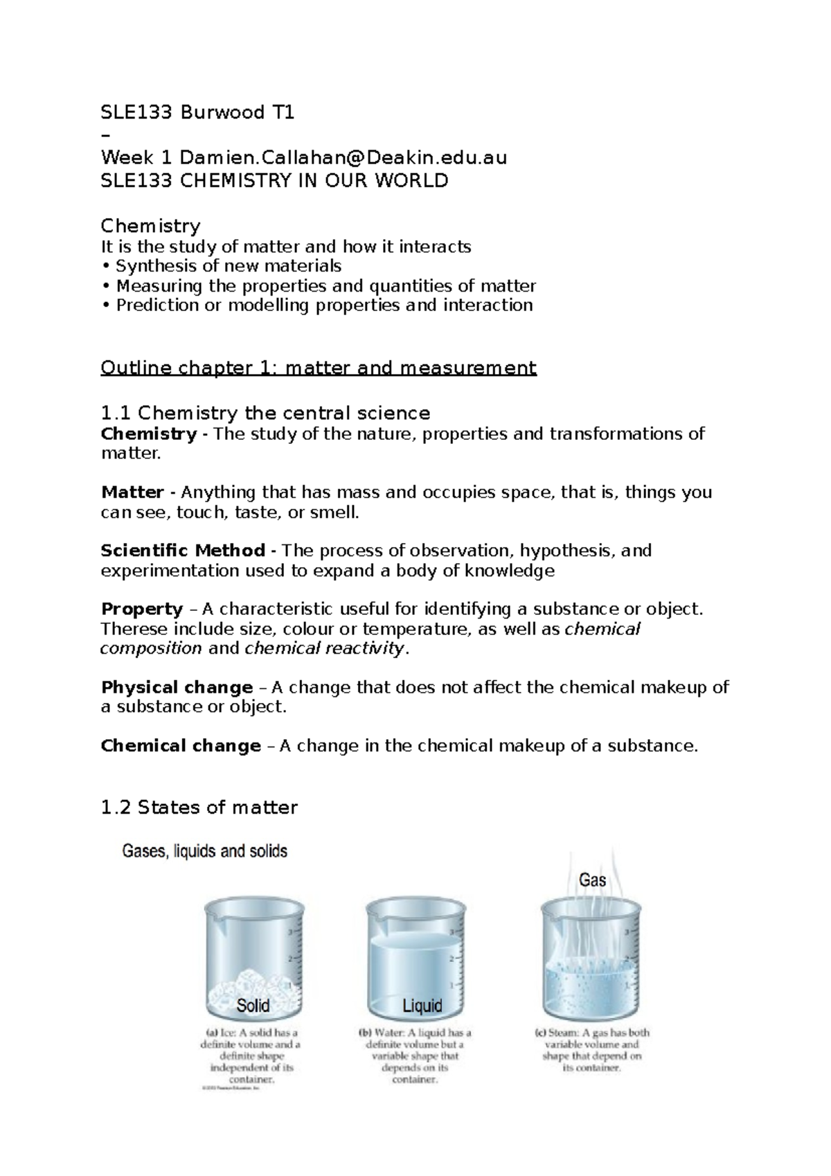 Chem notes week 1 5:3 - SLE133 Burwood T1 – Week 1 Damien@Deakin.edu ...