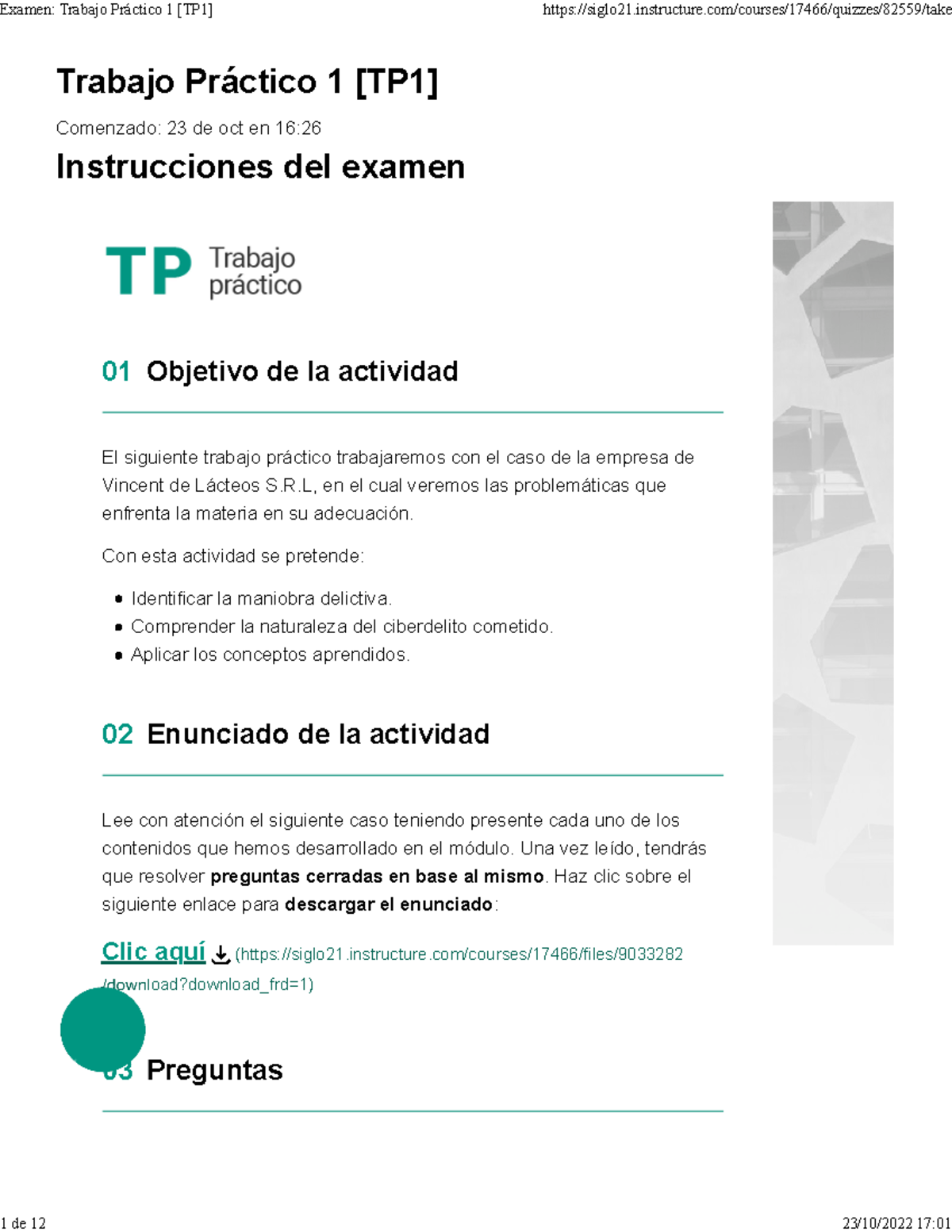 TP 1 Ciberdelitos 90% - Tp 90% - Trabajo Pr·ctico 1 [TP1] Comenzado: 23 de oct en 16 ...