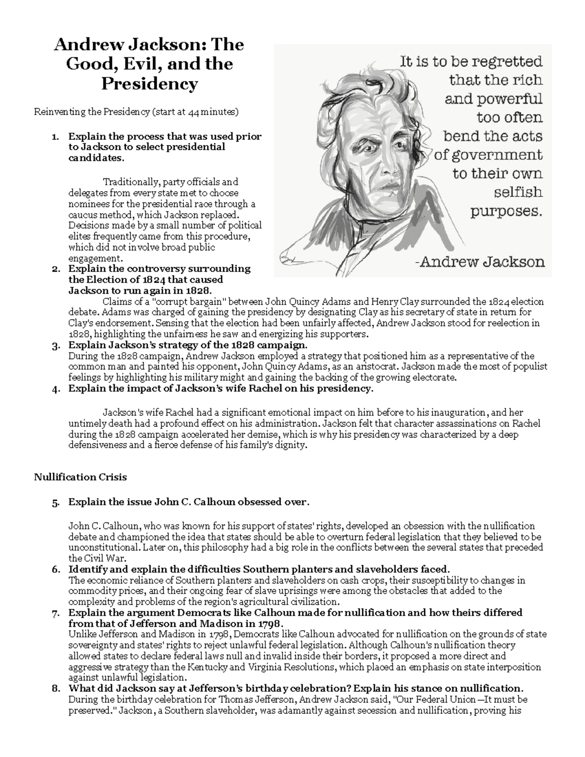 Jackson - the Good, the Evil, and the Presidency Viewing Guide - Andrew ...