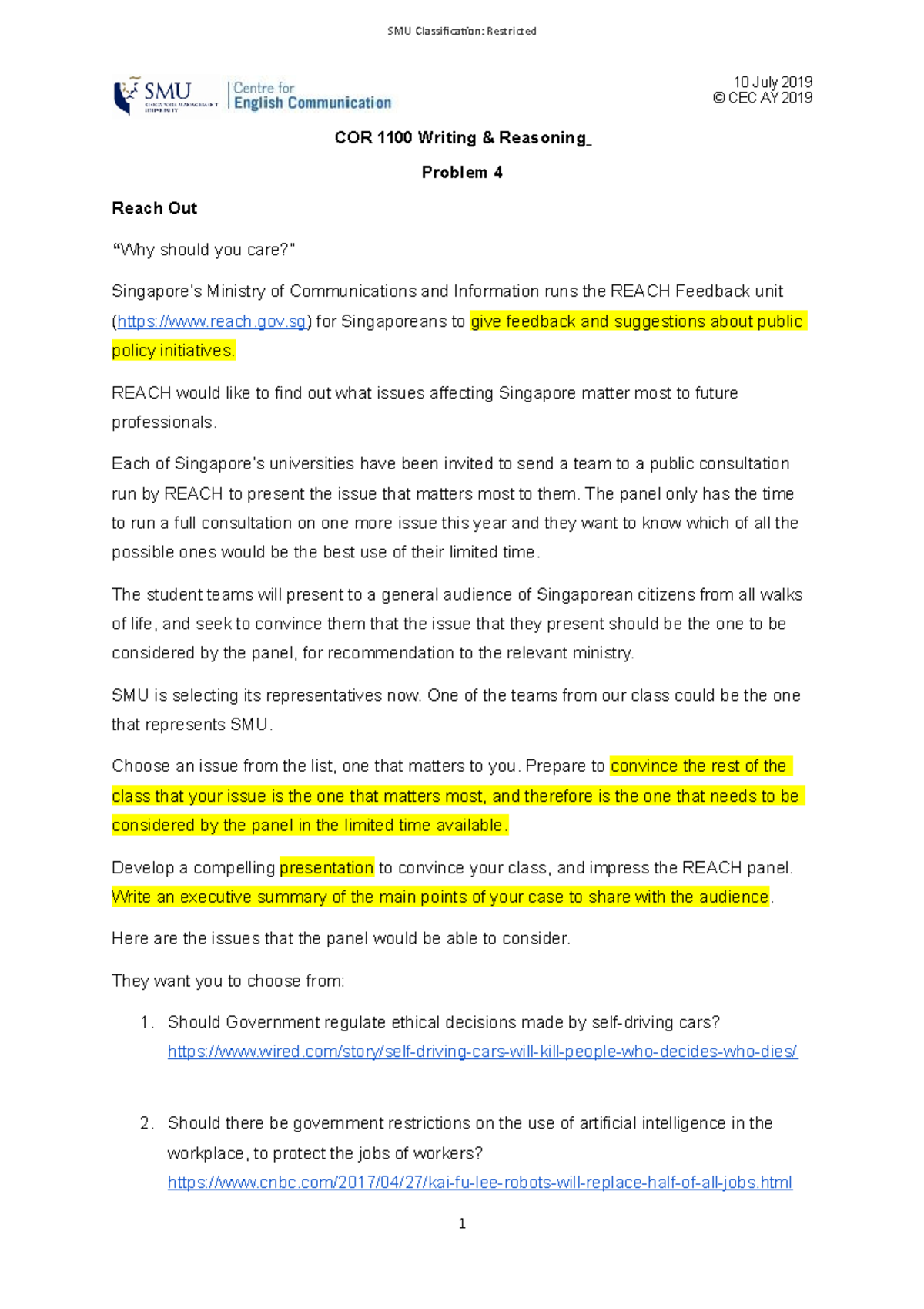Problem 4 - Student Version - 10 July 2019 © CEC AY 2019 COR 1100 ...