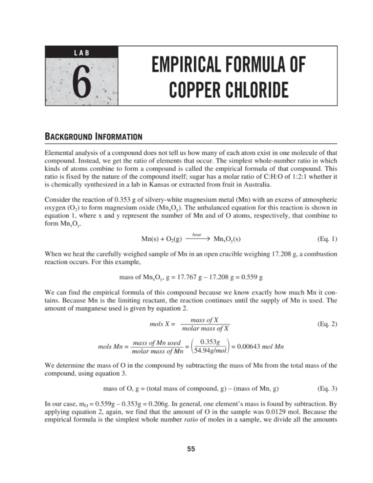 Lab 6 - lab 6 - LAB EMPIRICAL FORMULA OF 6 COPPER CHLORIDE BACKGROUND ...