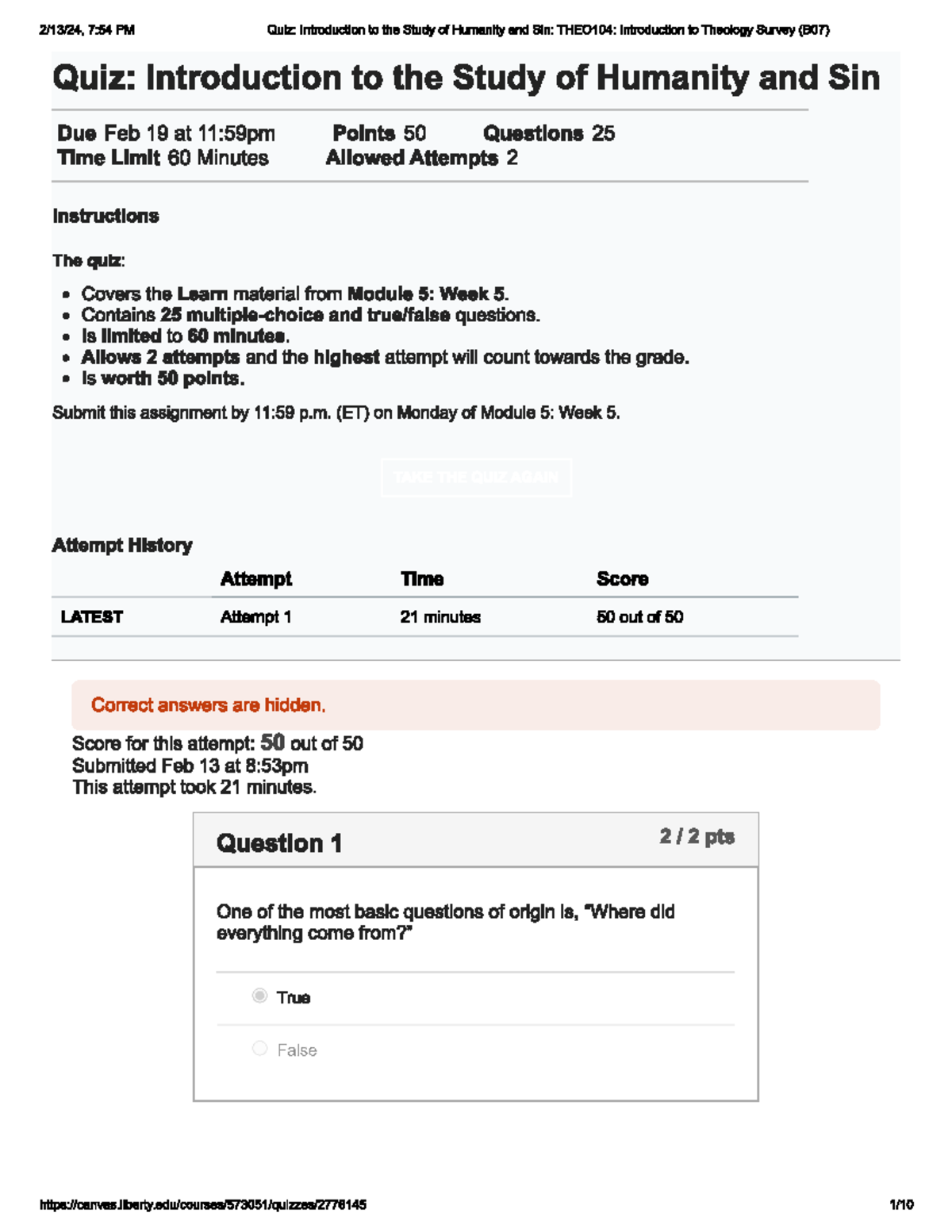 Quiz 5 Introduction to the Study of Humanity and Sin - THEO 104 - Studocu