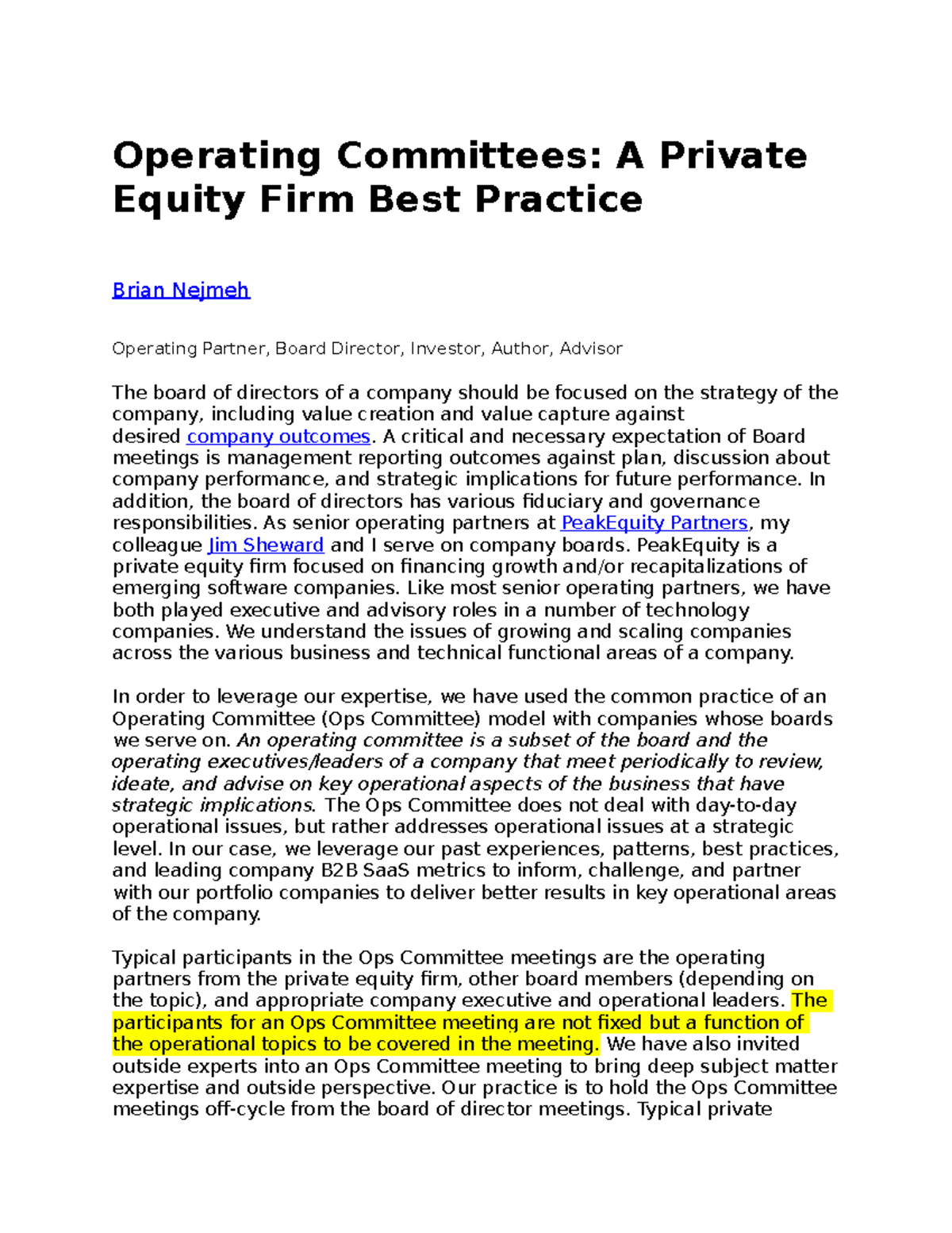 Operating Committees - A critical and necessary expectation of Board ...