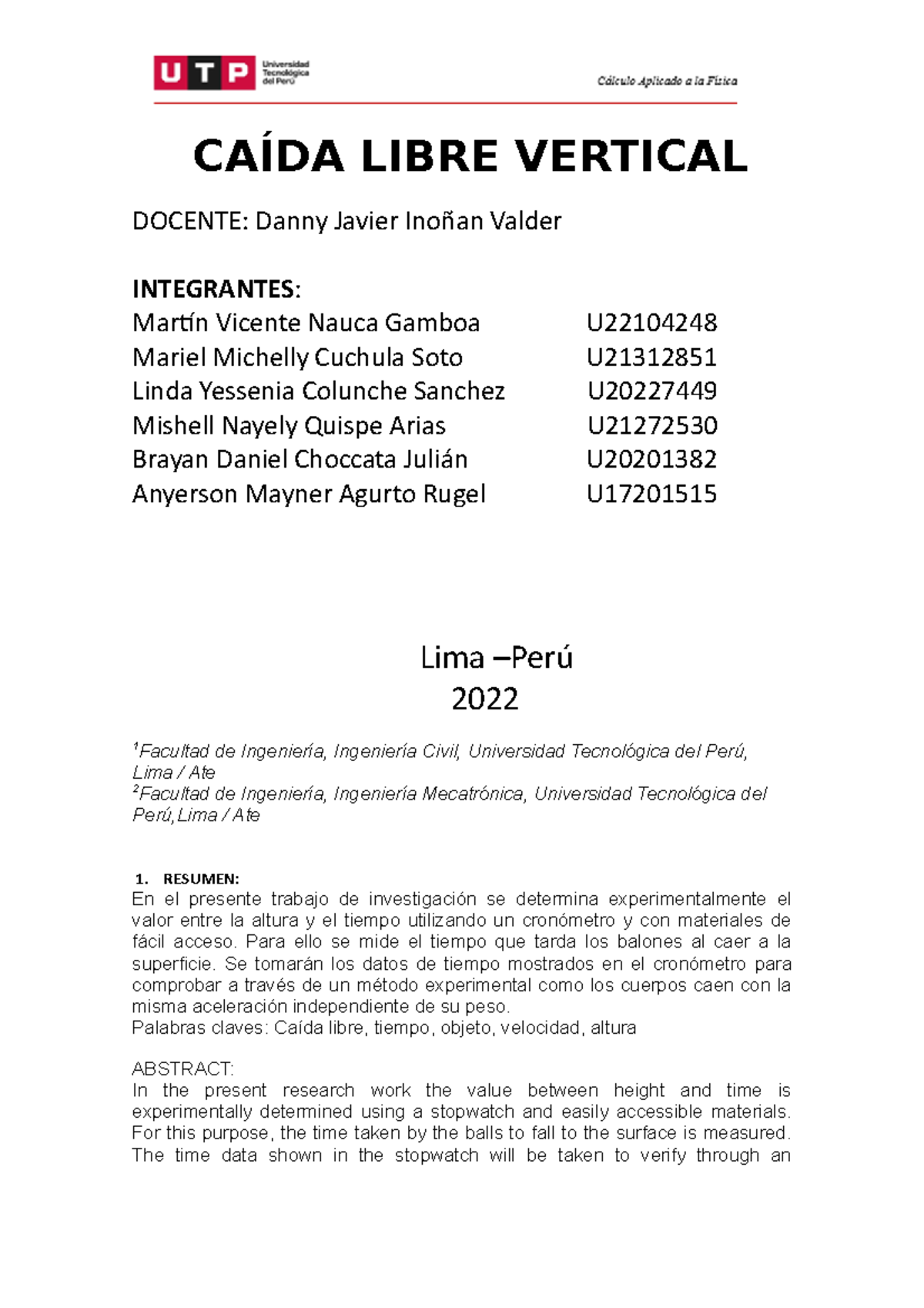 Caída Libre Vertical - GHJGJ - CAÍDA LIBRE VERTICAL DOCENTE: Danny ...
