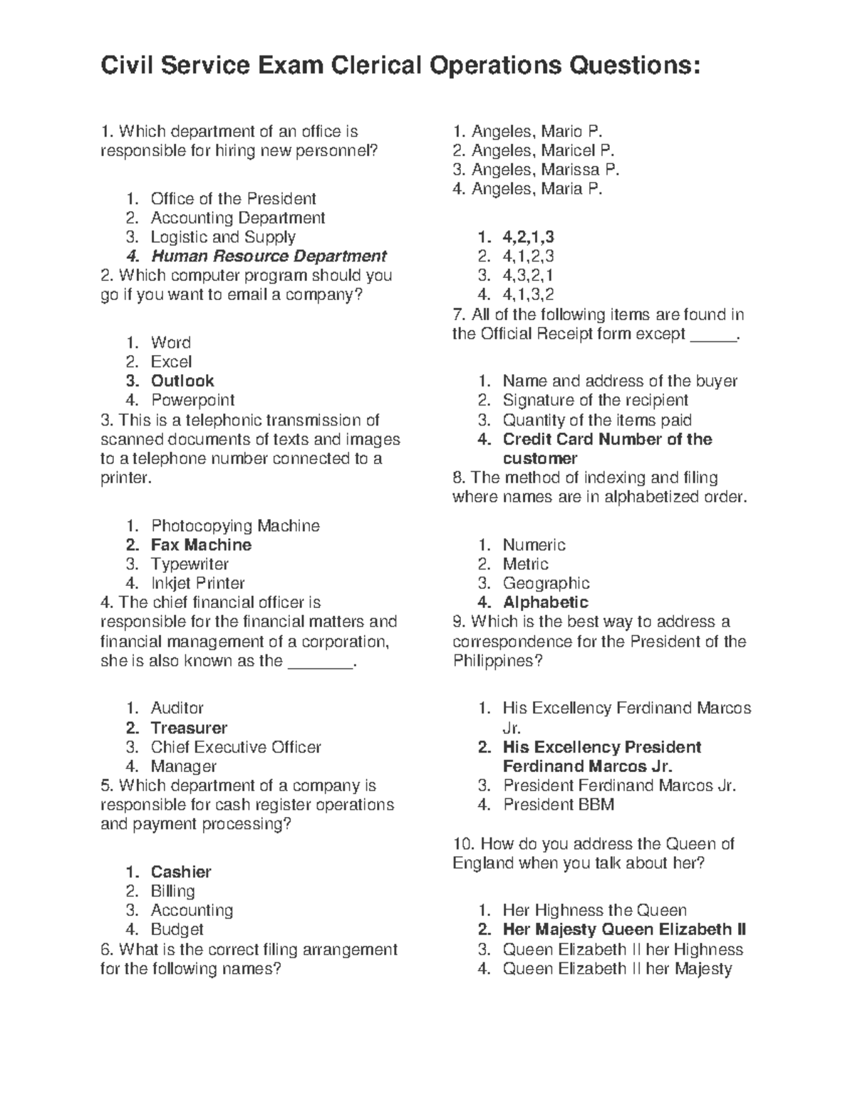 Clerical Operations Questions - Civil Service Exam Clerical Operations ...