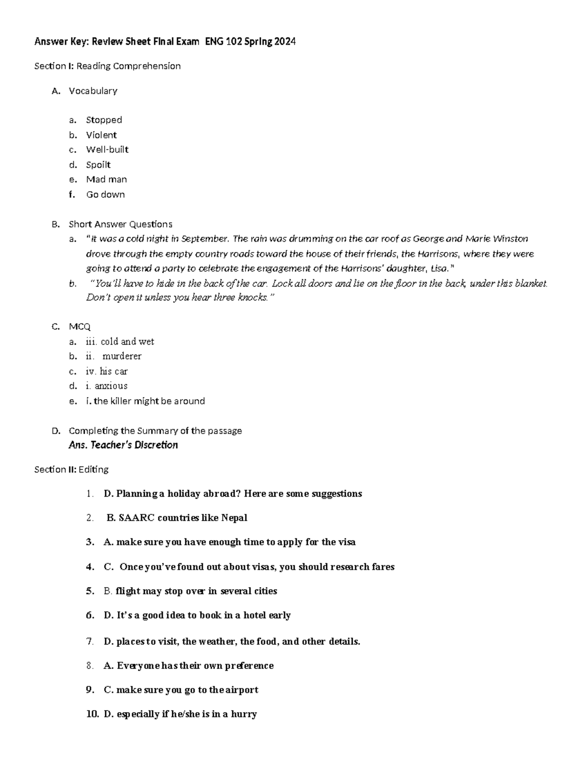 Answer Key Eng 102 Spring 2024 526188505 - Answer Key: Review Sheet Final Exam ENG 102 Spring ...