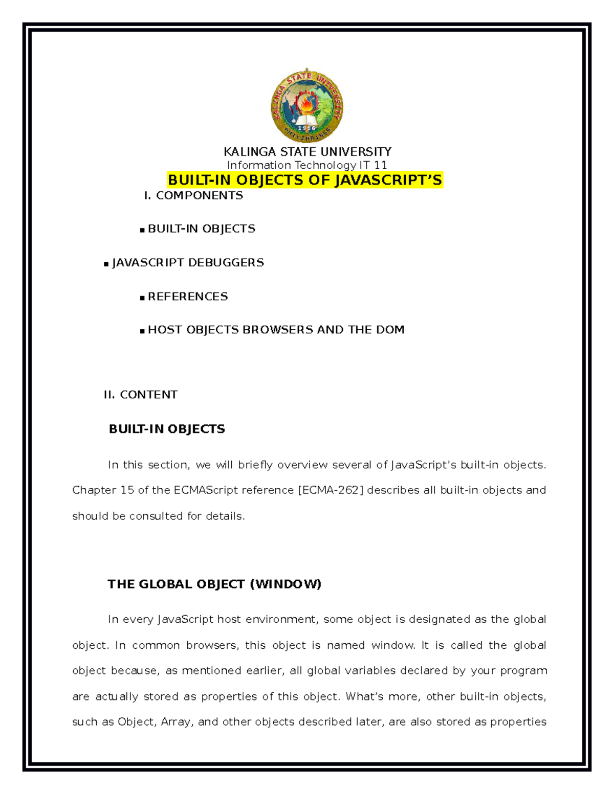 Built-IN Objects OF Javascript’S - KALINGA STATE UNIVERSITY Information Technology IT 11 BUILT ...