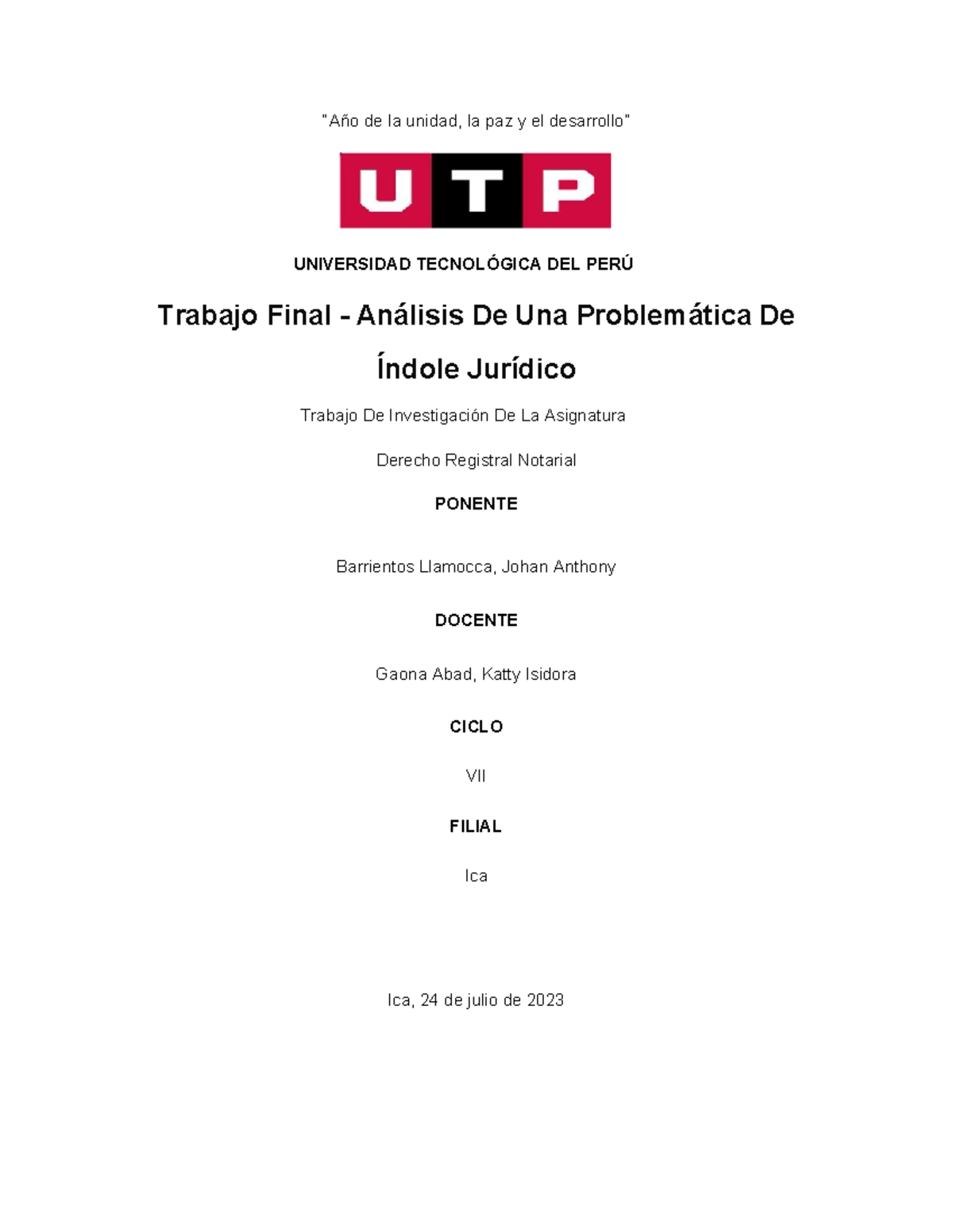 TF Registral - DSADASDSA - “Año de la unidad, la paz y el desarrollo ...