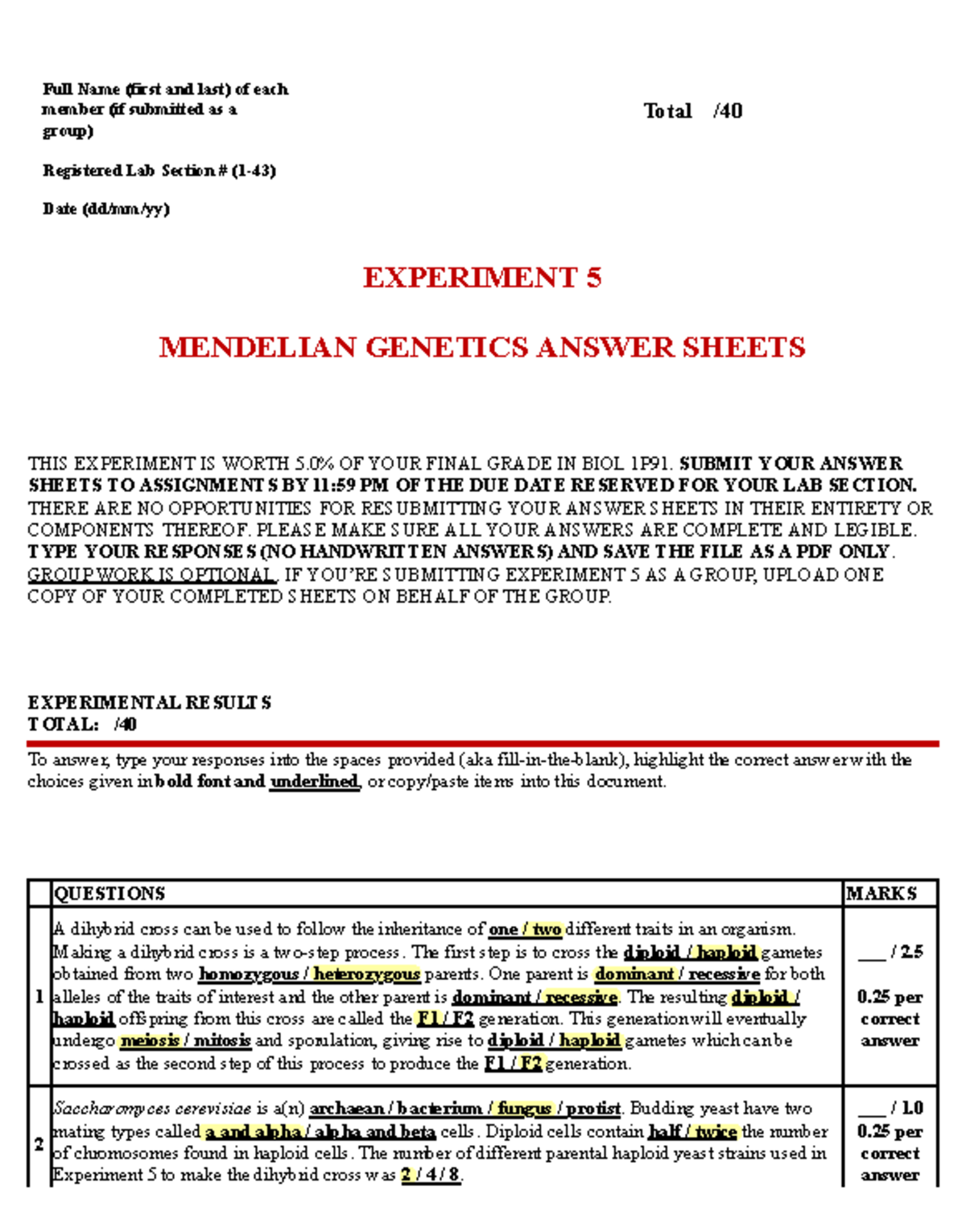 Experiment 5 Answer Sheets for Students BIOL 1P91 Fall 2023 - Full Name ...