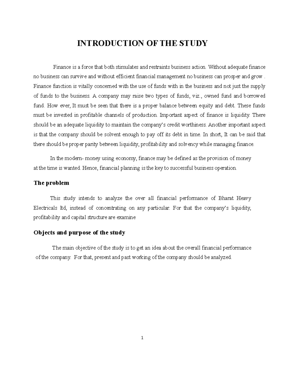 Silambu FM Project - MBA HR - INTRODUCTION OF THE STUDY Finance is a ...