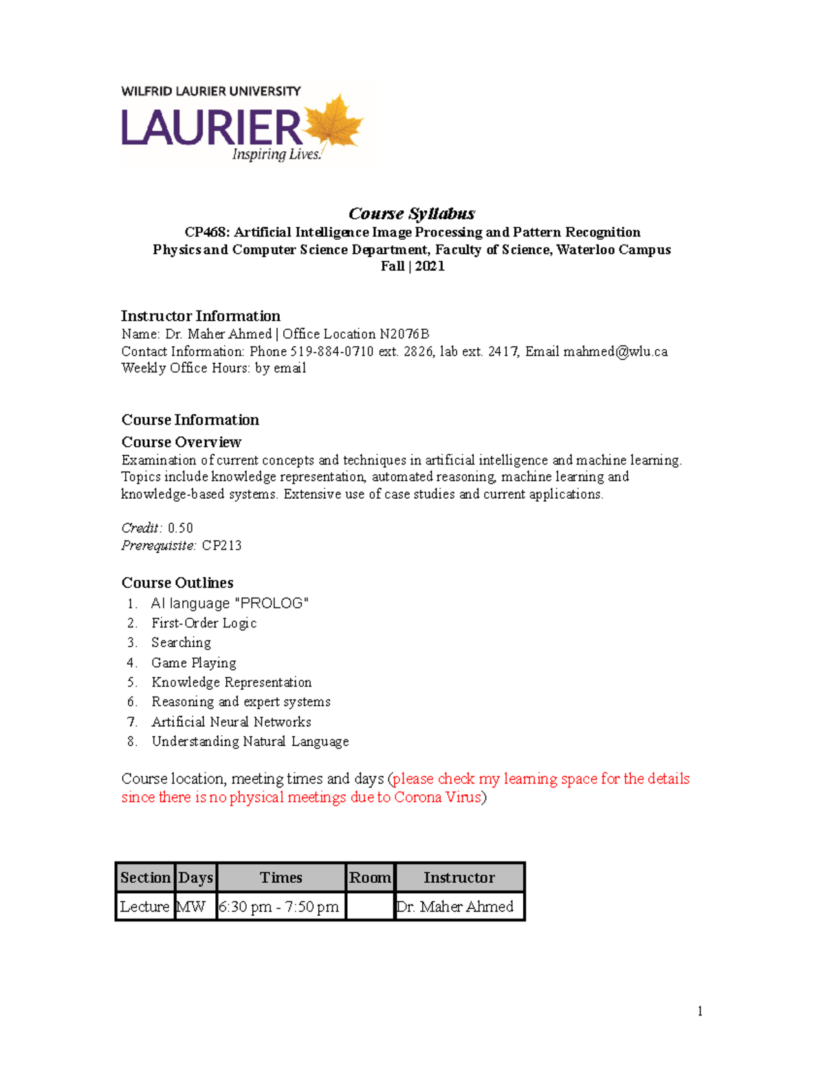 Course syllabus cp468 sep-2021 - Course Syllabus CP468: Artificial ...