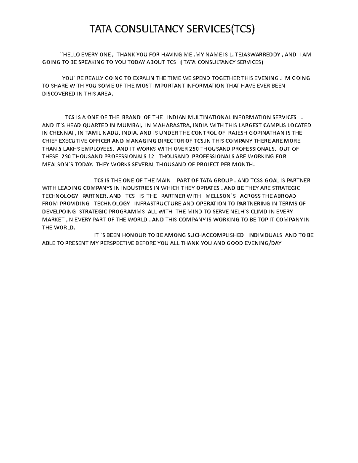 Assignment -1 PES 318 - I LOVE INDIA - TATA CONSULTANCY SERVICES(TCS) ``HELLO EVERY ONE , THANK ...