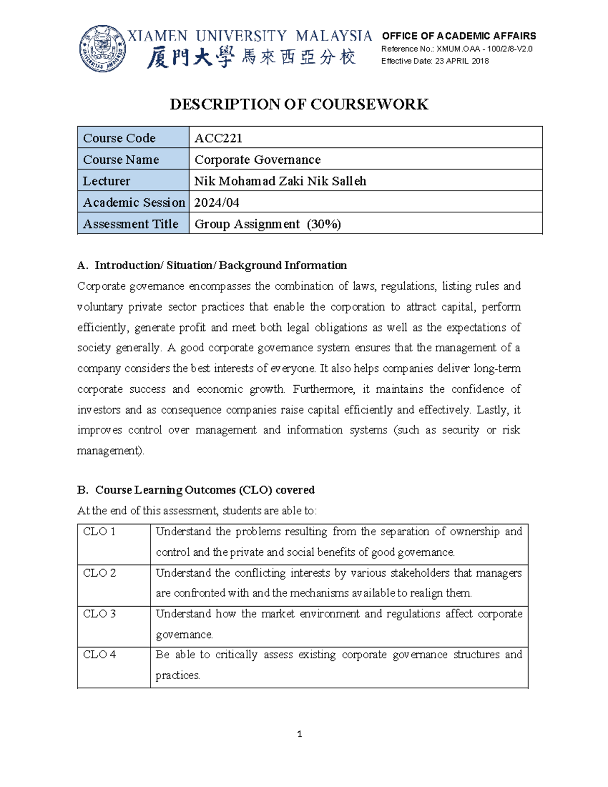 Assignment-ACC221-202404 - DESCRIPTION OF COURSEWORK Course Code ACC Course Name Corporate - Studocu