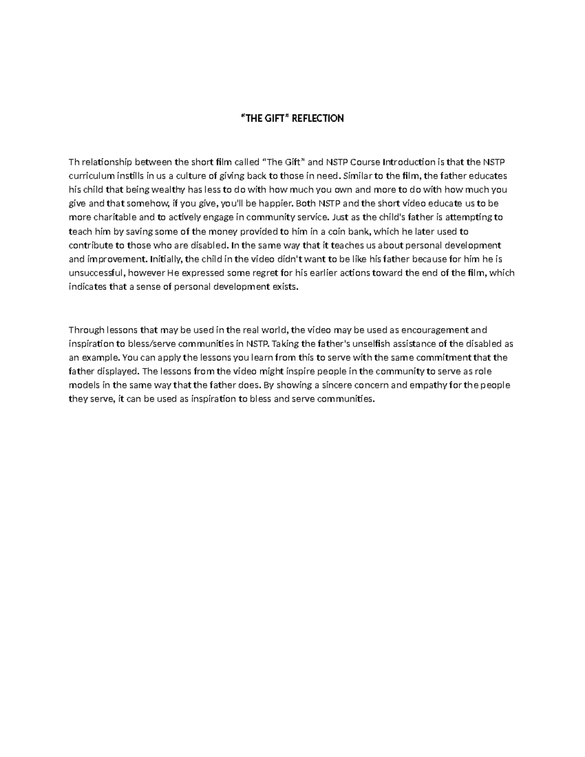 THE GIFT Reflection - NSTP1 - “THE GIFT” REFLECTION Th relationship ...