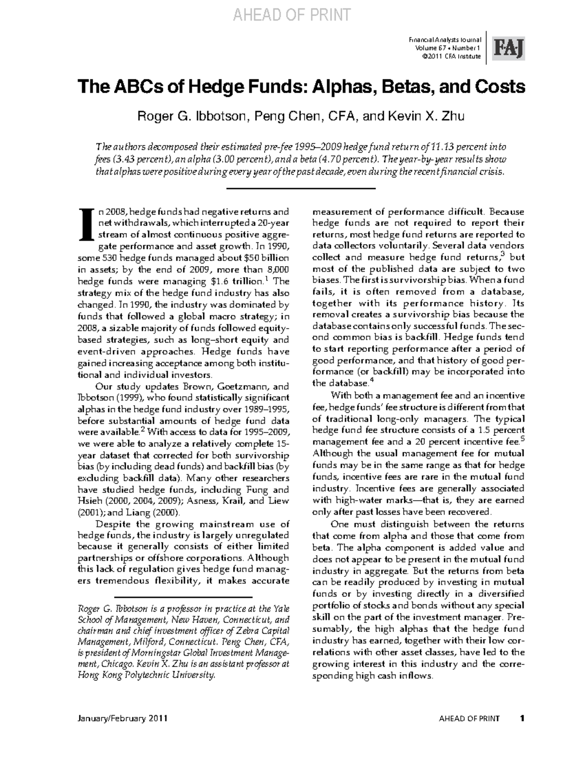 2. Ibbotson et al11 - Hedge fund alpha beta costs - January/February ...