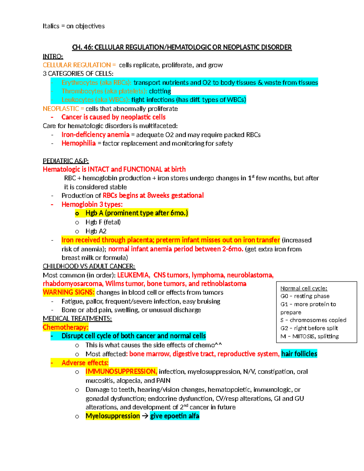 Ch. 46- hematologic - CH. 46: CELLULAR REGULATION/HEMATOLOGIC OR ...