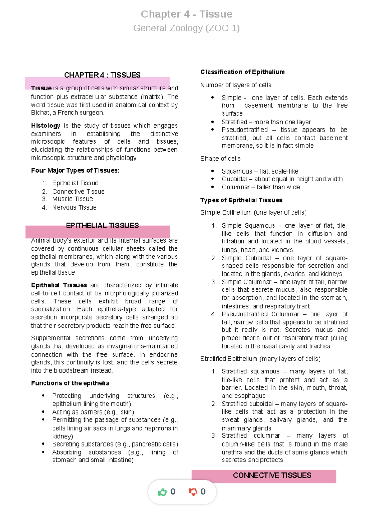 Chapter-4-tissue compress - Chapter 4 - Tissue General Zoology (ZOO 1 ...